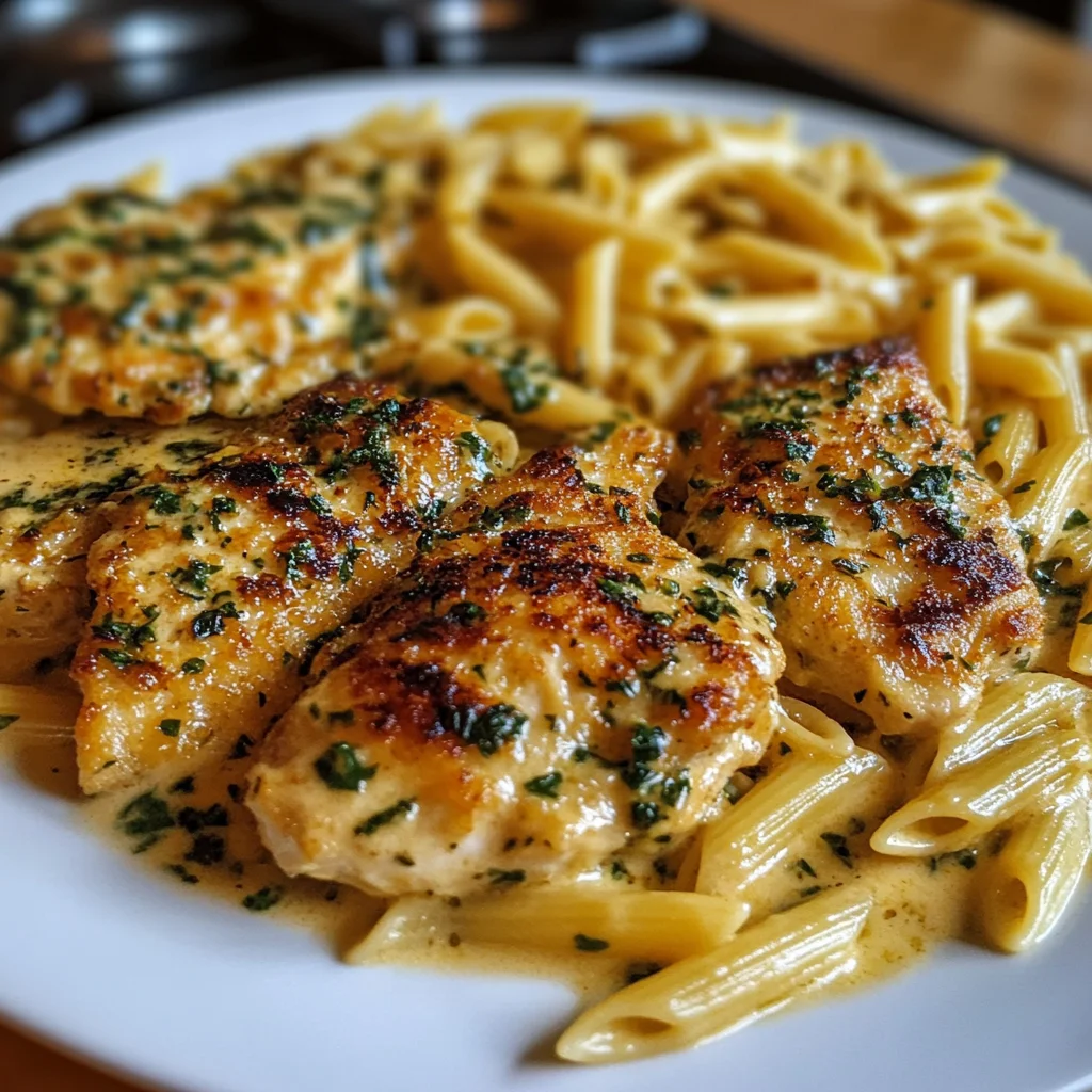 Easy Creamy Cheddar Parmesan Garlic Butter Chicken Penne Recipe